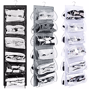 Barydat 3 Pcs Dual Sided Hanging Shoe Organizer 12 Clear Pockets Mesh Hanging Shoe Rack Holder with Rotating Hanger for Closet Storage Men Shoes Women Handbags Kids Clothing, Grey, White and Black