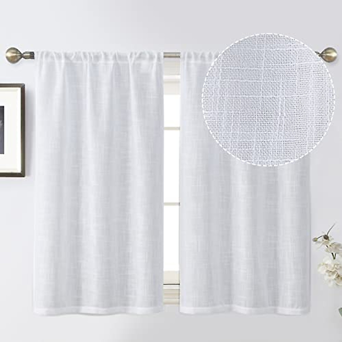Home Queen White Sheer Burlap Linen Cafe Curtains, Semi Sheer Drapes for Kitchen Window Over Sink, 45 Inch Length 2 Pack