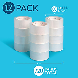 12 Pack Heavy Duty Packaging Tape, Clear Packing Tape Designed for Moving Boxes, Shipping, Office, Commercial Grade 2.7mil Thick, 60 Yard Length, 720 Total Yards