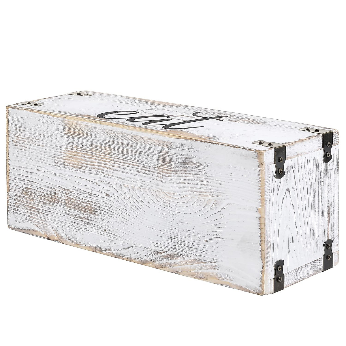 MyGift Shabby Whitewashed Wood Silverware Organizer Holder Set Includes 3 Mason Jars and Display Box with"eat" Cursive Writing Label