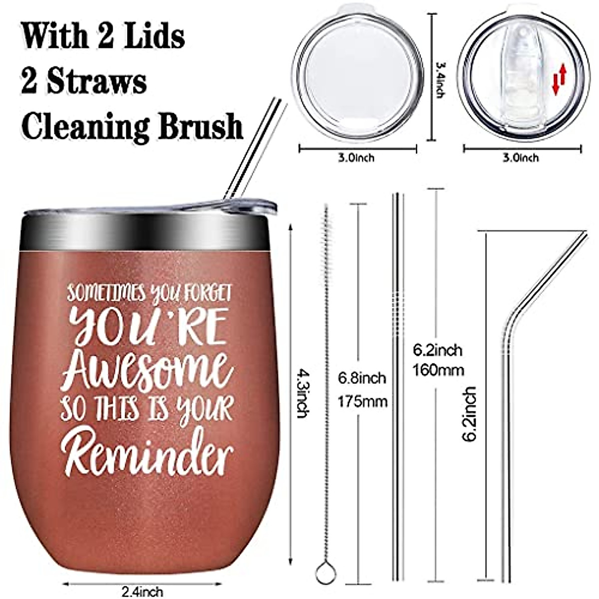 KTELLTY 12 Oz Stainless Steel Wine Tumbler Set, Retirement Gifts for Women, Gift for Women, You'Re Awesome-Rose Gold