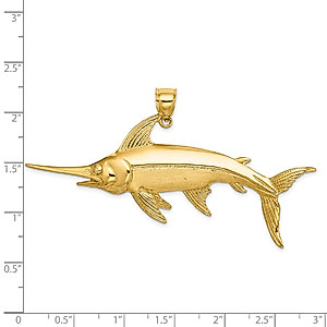 Solid 14k Yellow Gold 2-D Swordfish Charm Brushed Matte Finish Pendant - 28mm x 67mm