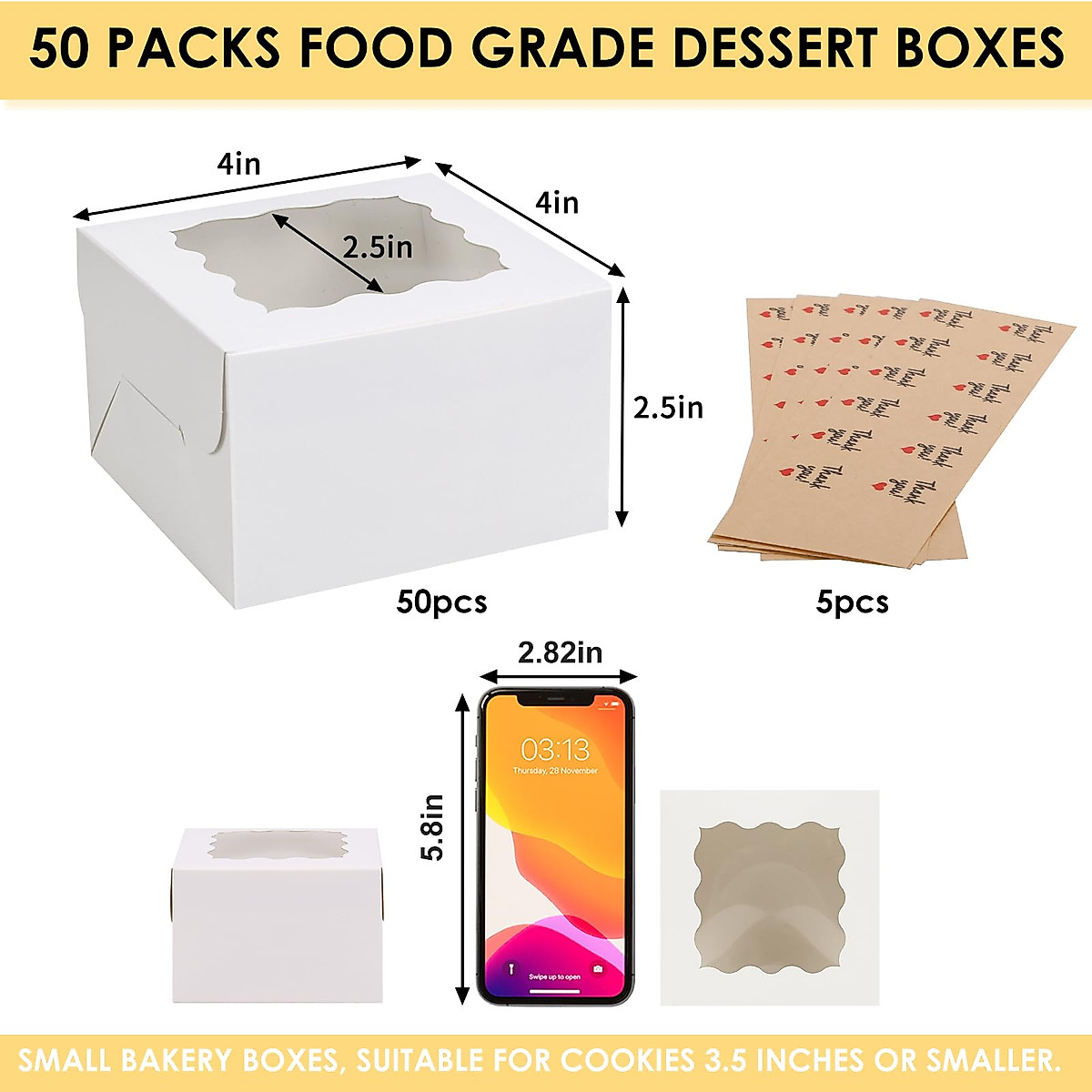 Moretoes 50pcs 4x4x2.5 Inches White Bakery Boxes with Window, Cookie Boxes, Mini Cake Boxes, Dessert, Pastry, Small Treat Boxes