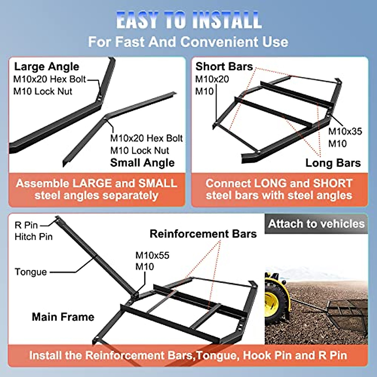 VEVOR Driveway Drag 66" Width, Tow Behind Drag Harrow 35" Length, 4" Height, Driveway Tractor Harrow with 2 Adjustable Bars, Heavy Duty Steel, Driveway Grader for ATV, UTV, Garden Lawn Tractors