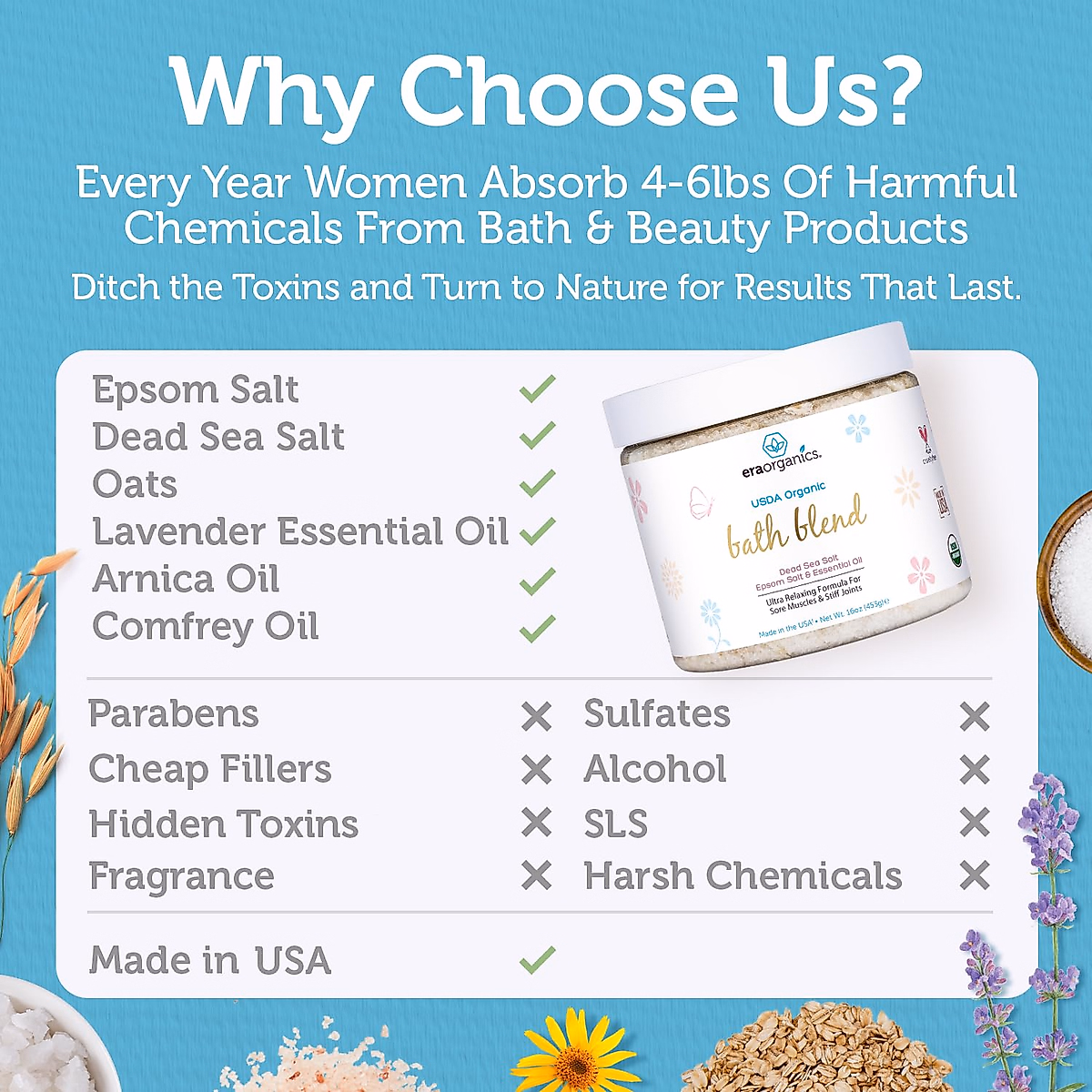 Era Organics Epsom Salt Lavender Bath Salt Blend - Organic Bath Salts to Soothe Aches - Pregnancy Bath Soak and Bath Salts for Women Relaxing - Dead Sea Salt and Epsom Salts for Soaking