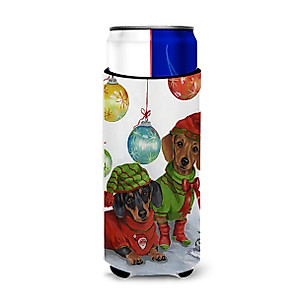 Caroline's Treasures PPP3085MUK Dachshund Christmas Jingle Ultra Hugger for slim cans Can Cooler Sleeve Hugger Machine Washable Drink Sleeve Hugger Collapsible Insulator Beverage Insulated Holder