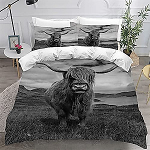 Quilt Cover Twin Size Scottish Highland Cattle 3D Bedding Sets Cow, Animal Duvet Cover Breathable Hypoallergenic Stain Wrinkle Resistant Microfiber with Zipper Closure,beding Set with 2 Pillowcase