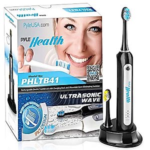 Pyle Health Ultra sonic Wave Rechargeable Electric Toothbrush with 3 brush modes, two minute timer, 2 Oral Brush Heads, Automatic Charging Dock Holder - For Kids, Teens, Adults - PHLTB41BK (Black)