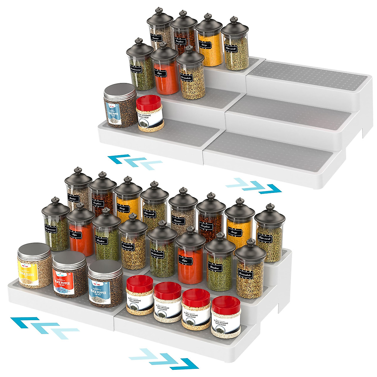 YAN & HIN Pack of 2, 3-Tier Spice Racks, Expandable and Non-Skid, Ideal as Medicine Cabinet Organizer, Kitchen Shelf Pantry Organizer, and Seasoning Organizer, Canned Food Organizer