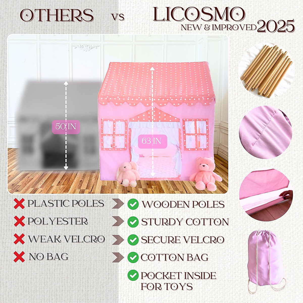 Large Cotton Tent for Kids - 50"x43"x63" Indoor Playhouse with Wooden Frame & Battery Lights, Kids Tent with Carry Bag, 3 Windows & 2 Pockets, CPSC Certified Play House for Girls and Boys