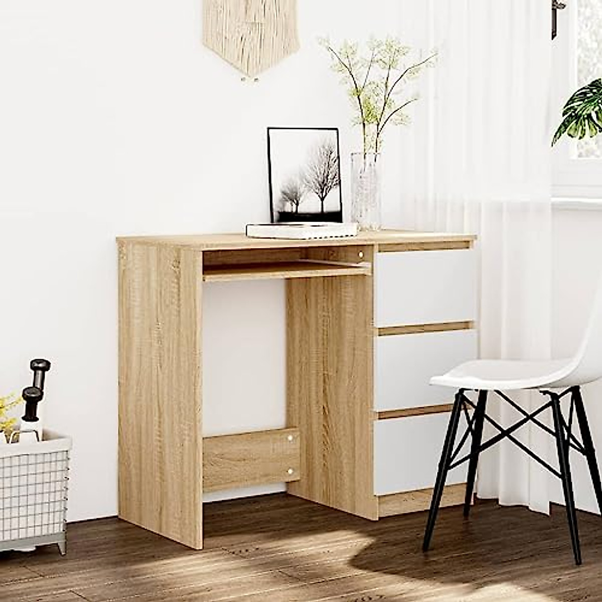 ULUYYUC Desk,Computer Desks Bedroom Desks Secretary Desk with Drawers Suitable for Home, Office, Bedroom, Conference Room, etc White and Sonoma Oak 35.4"x17.7"x29.9" Engineered Wood
