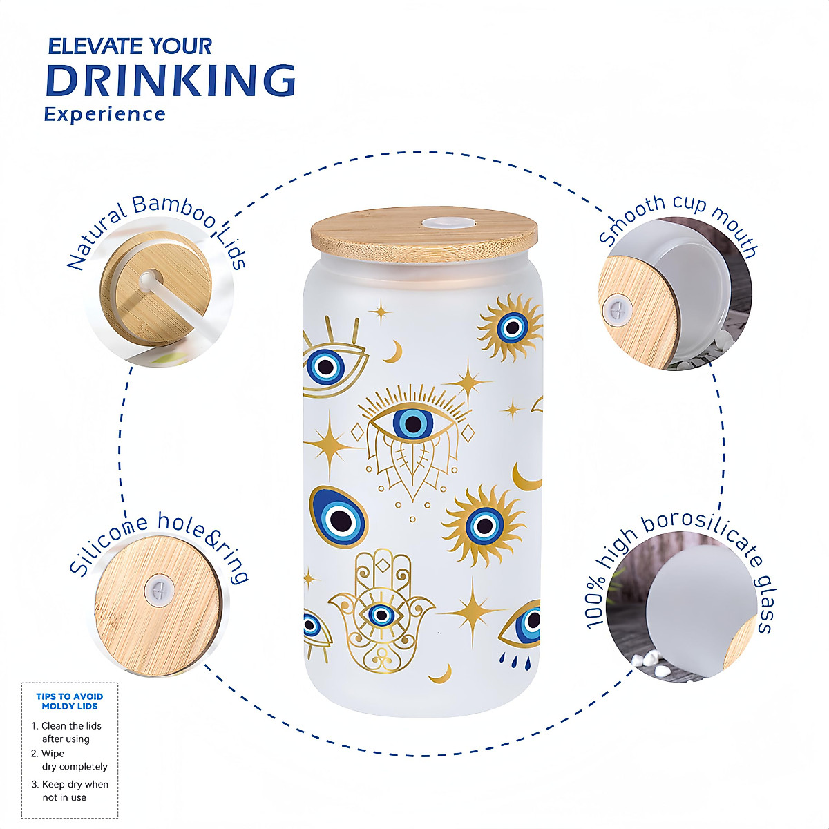 vradcorel Evil Eye Glass Cups With Bamboo Lids And Straws - Iced Coffee Cup Home Decor -Ojo Turco Drinking Glasses for Beer -Cute Can Shaped for Latte,Soda,Smoothie Whiskey -Gift for Women