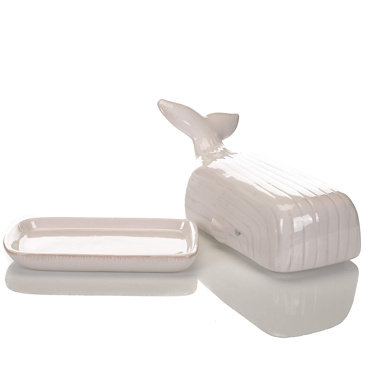 Nautical Whale Glossy White 9 x 4 Ceramic Butter Dish With Lid