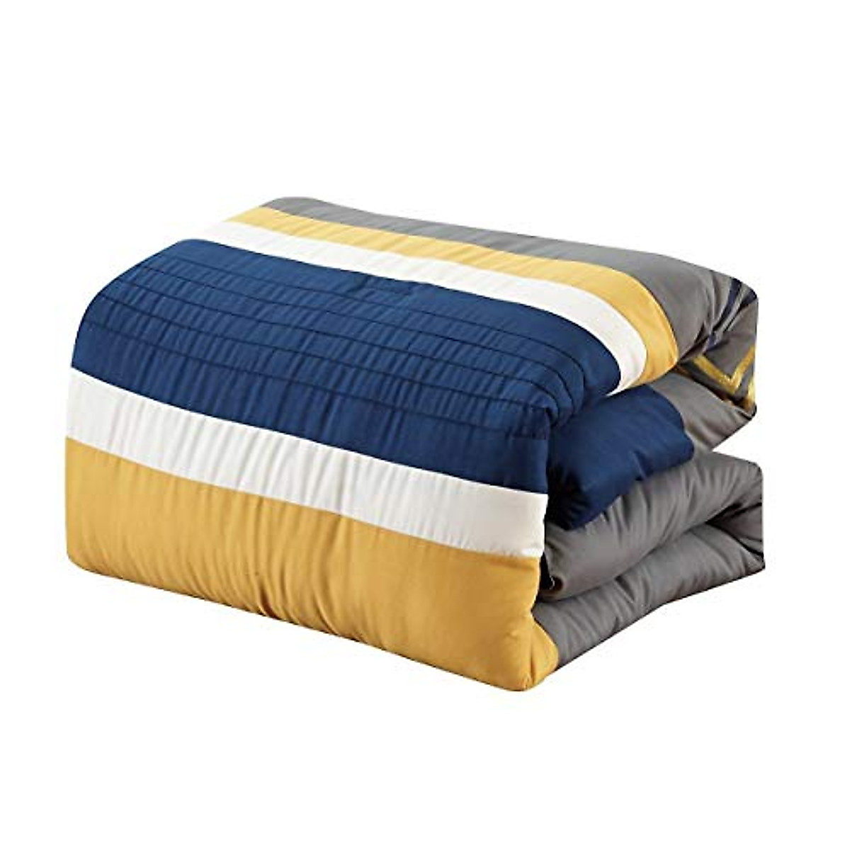 Chezmoi Collection Arden 7-Piece Modern Pleated Stripe Embroidered Zigzag Bedding Comforter Set (Queen, Navy/Gray/Yellow/White)