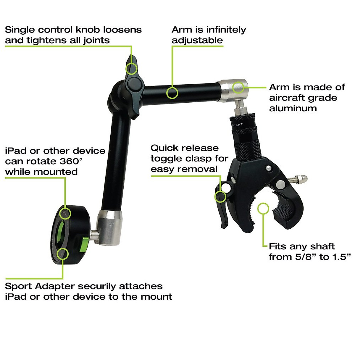 MYGOFLIGHT Flex Yoke Articulated Arm Sport Mount and Universal Cradle Kit for Any 7”-11” iPad Mini Air Pro Android Tablet PC Airplane Car RV Truck Boat Steering Wheel Dash Mounting