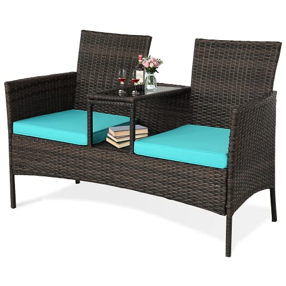BPTD Outdoor Patio Loveseat Patio Furniture Set Rattan Patio Bistro Set Wicker Conversation Furniture Sets with Cushios and Built-in Coffee Table for Balcony, Lawn, Backyard (Brown/Turquoise)