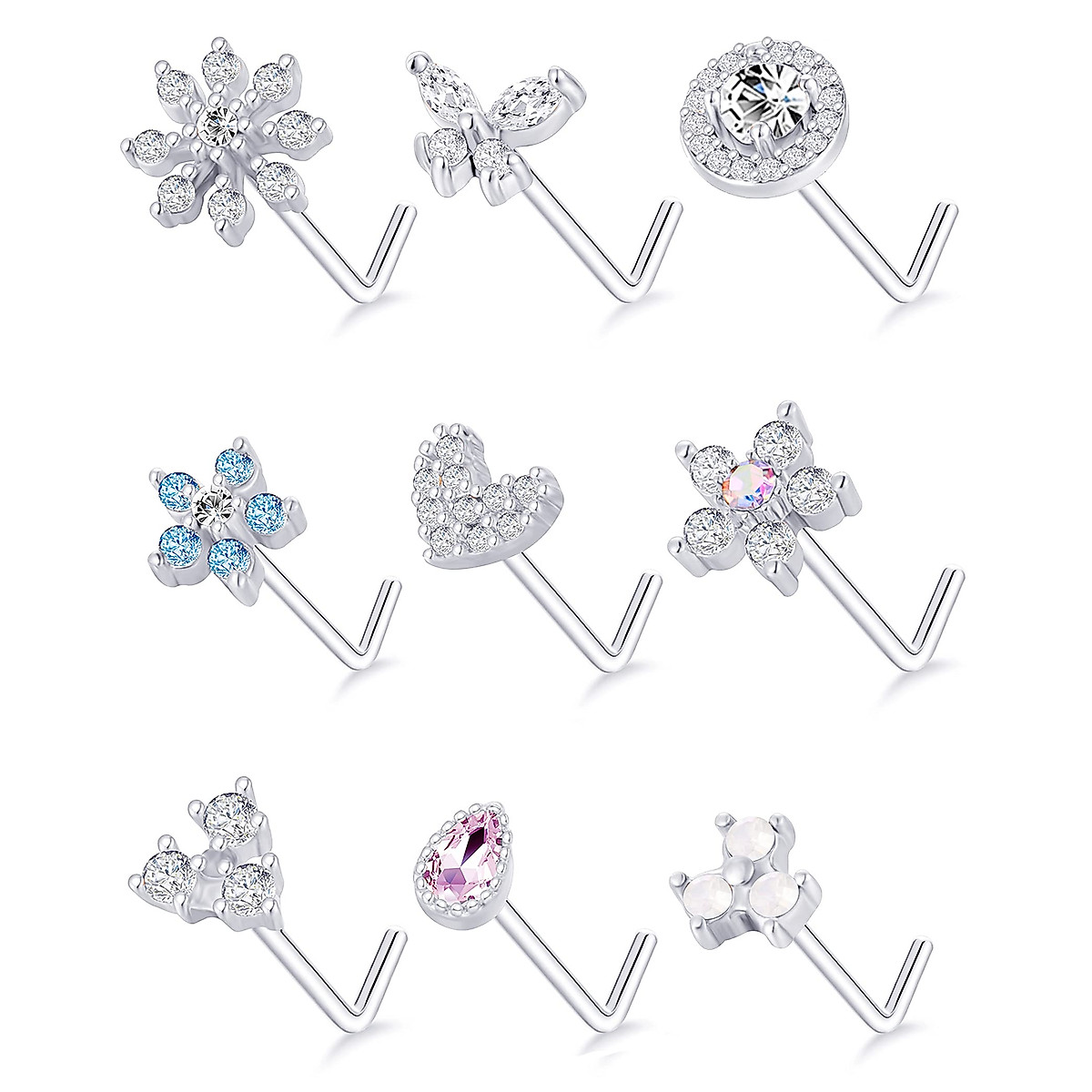 Tornito 9Pcs Nose Rings Stud L Shaped Nose Ring Flower CZ Snowflake Butterfly Screw Nose Stud Body Piercing Jewelry for Women Men 20G Silver Tone