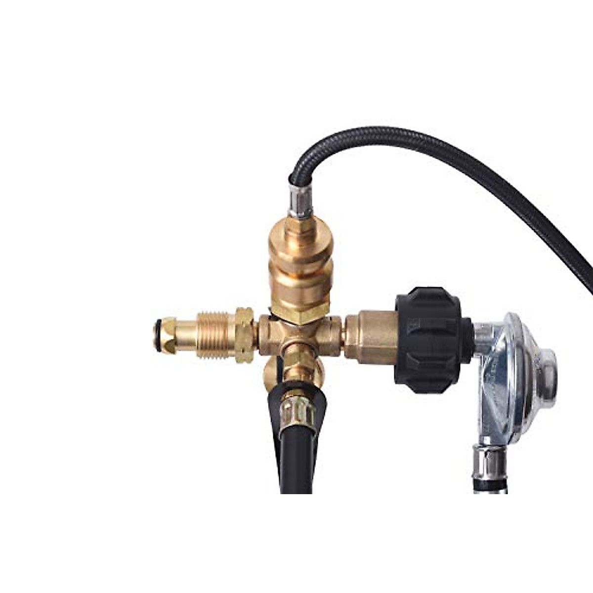 Flame King 4 Port Brass Tee Propane Adapter POL Inlet, 1/4 Inverted Female Flare Inlet, QCC Outlet, CGA600 Outlet (RV-COMBO1)