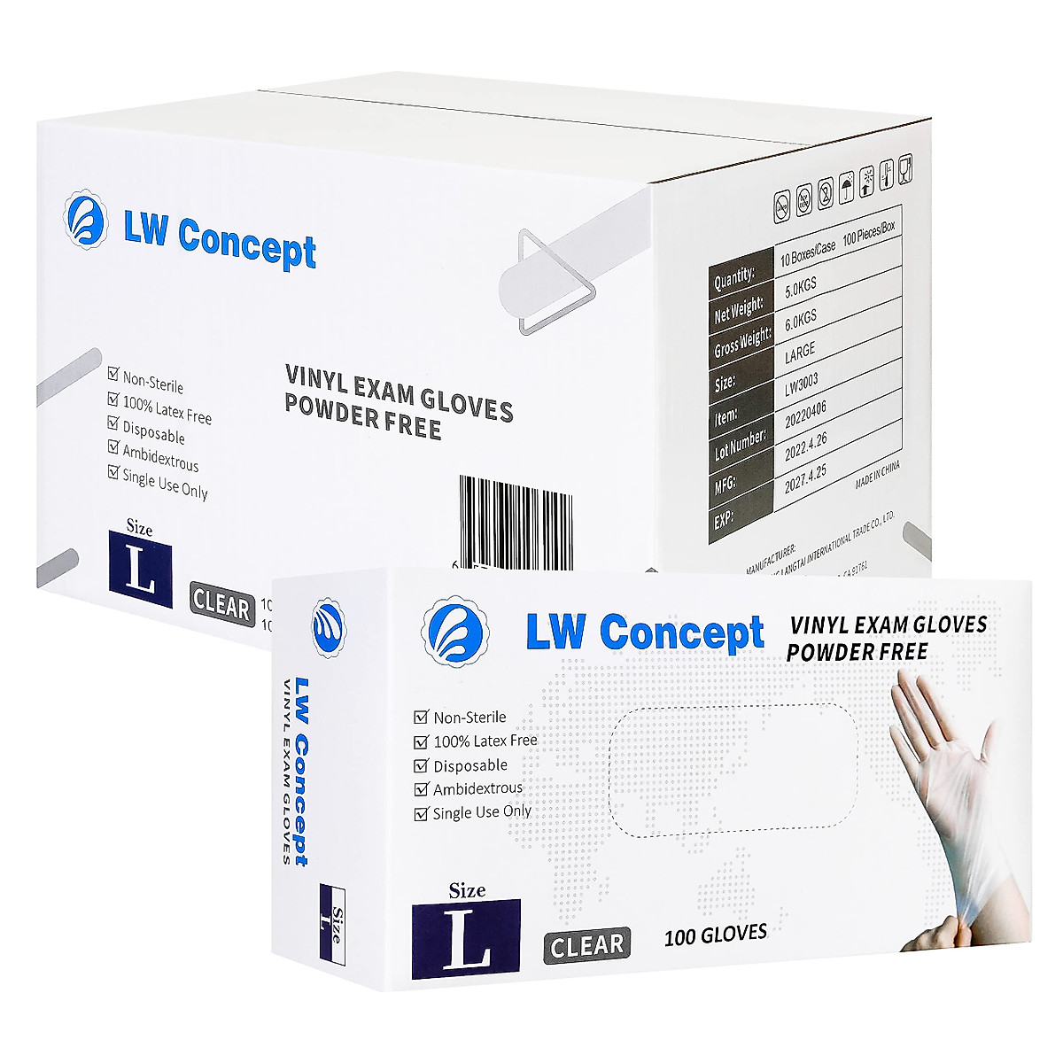 LW Concept Clear Vinyl Exam Gloves for Medical/Food Safe/Cleaning/Handling Use Multipurpose Latex & Powder Free, 3.5 mil (LW3003, Large, Case of 1000)