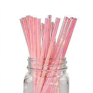 Foil Iridescent Pink Pearl Disposable Paper Paper Straws, Decorative Party Biodegradable Paper Straw Pack 100