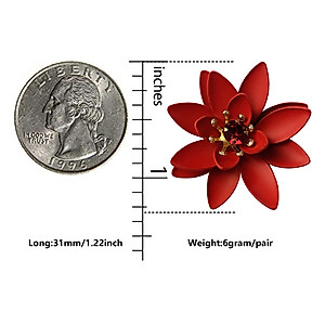 Chic Cute Boho Matte Flower Statement Stud Earrings with Gold Flower Bud for Women Sister Mom Lover and Friends (Red 13)
