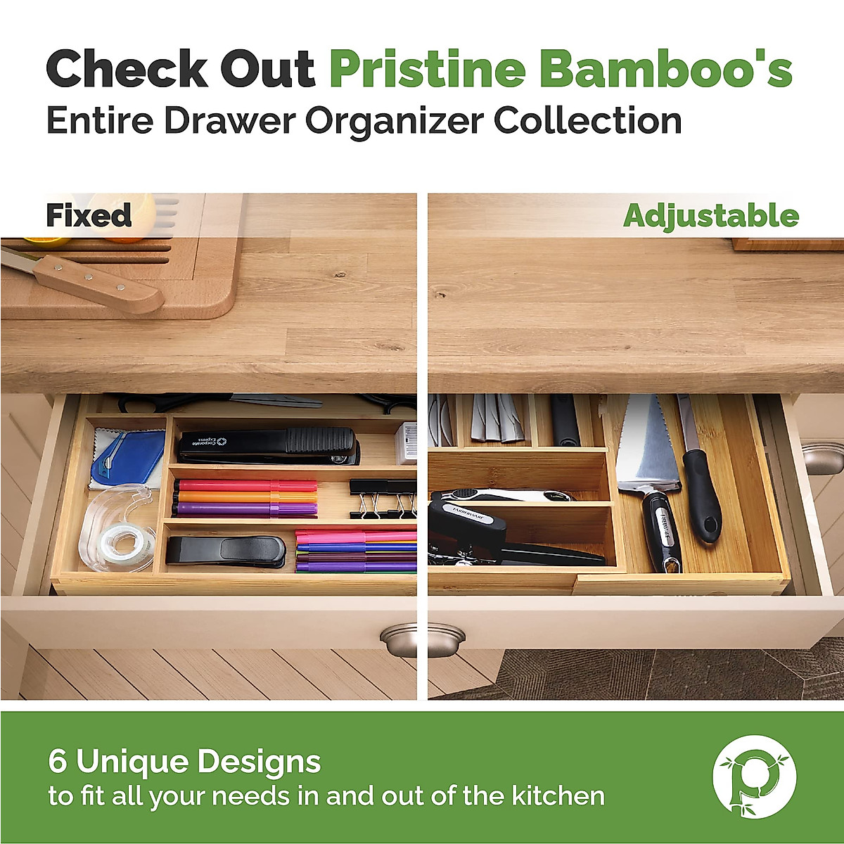 Pristine Bamboo Silverware Organizer– Utensil Organizer for Kitchen Drawers – Small Extra-Deep Wooden Kitchen Drawer Organizer Divider for Spoons Forks Knives cutleries