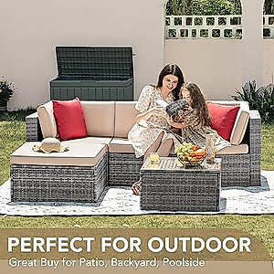 Devoko 5 Pieces Patio Furniture Sets Outdoor Sectional Sofa Manual Weaving Rattan Wicker Patio Conversation Set with Cushion and Glass Table (Grey)
