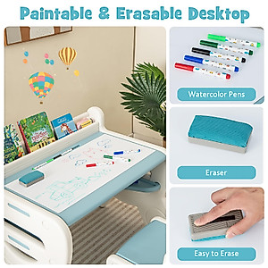 Costzon Kids Table and Chair Set, Plastic Activity Table with Watercolor Pens, Blackboard Eraser & Storage Shelf for Drawing, Reading, Playing, Eating, Toddler Table and Chair (Blue)