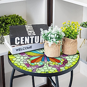 Patio Side Table Outdoor Mosaic Table Accent Coffee Table,Plant End Table Small Porch Colorful Butterfly Indoor,Round Glass Balcony Small Porch Plant Table Stands for Garden Patio Living Room 14 Inch