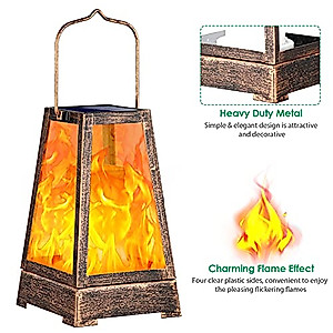TomCare Solar Lantern Outdoor Waterproof Flickering Flame Metal Hanging Solar Lights Decorative Outdoor Lanterns Solar Powered LED Flame Lights Outdoor Decorations for Patio Garden Yard Deck, 2 Pack