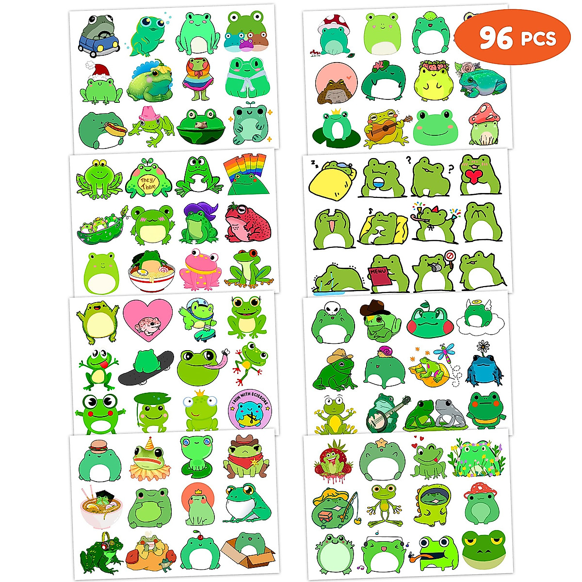 Frog Temporary Tattoos Birthday Themed Party Supplies Decorations Favors Cute Stickers Tattoo 8 Sheets 96 PCS Gifts for Kids Girls Boys Decor Class School Reward Carnival Christmas