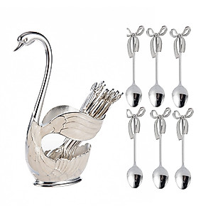 Feyarl Coffee Dessert Sugar Spoon Set Decorative Swan Base Holder with 6pcs Spoons for Stirring Mixing Dessert Ice Cream Coffee Teaspoon Cake Flatware (Silver)