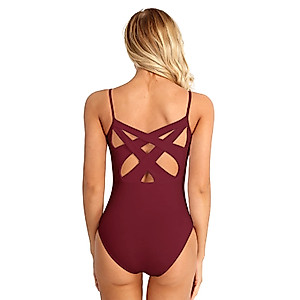 ACSUSS Women's V-neck Ballet Dance Leotard Criss Cross Back Strappy Camisole Bodysuit Burgundy Large