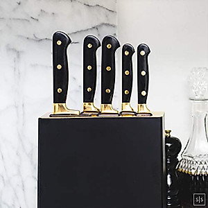 Black and Gold Knife Set with Block - 6 PC Luxe Gold Kitchen Knife Set with Block Self Sharpening - Modern Knife Set with Self Sharpening Knife Block Set - Black and Gold Kitchen Accessories