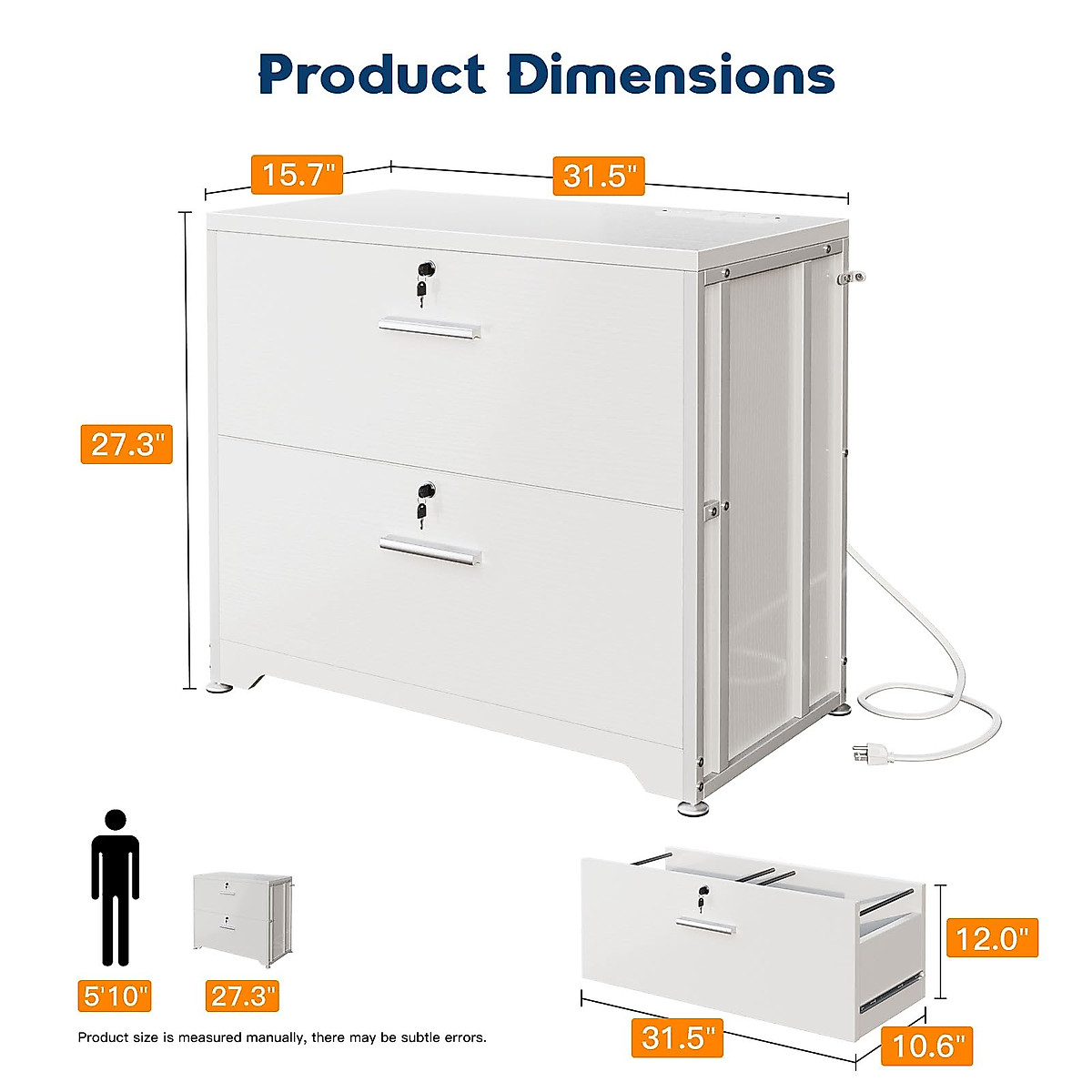 AODK File Cabinet with Charging Station Filing Cabinet for Home Office, Large File Cabinets with Lock, Office Storage Cabinet 2 Drawer for Legal/Letter/A4 File, White