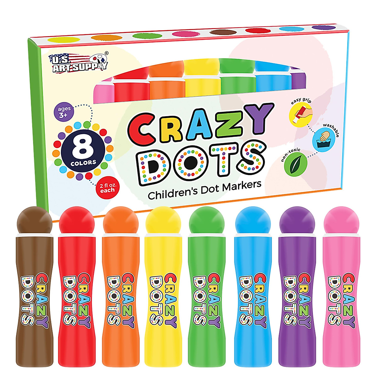 U.S. Art Supply 8 Color Crazy Dots Markers - Children's Washable Easy Grip Non-Toxic Paint Marker Daubers