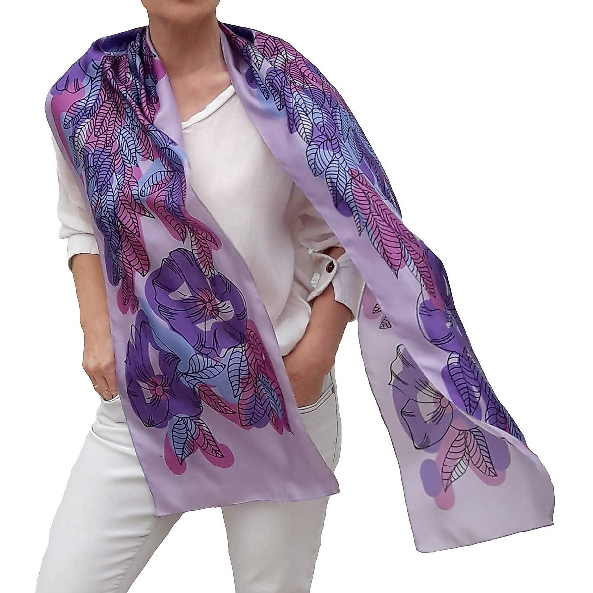 Artistic Hand Painted Long Silk Scarf for Women Fashion Boho Wrap Floral Patterns Trendy Purple Pink Neck Scarfs Unique Designer Shawl Womens Birthday Gift Mother Day Gift Handmade Gifts for Her