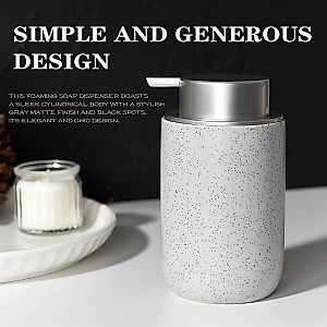 GIRLUFO Gray Foaming Soap Dispenser,Ceramic Foam Dispenser with Silver Plastic Soap Pump for Bathroom&Kitchen,Refillable Soap Dispenser,12oz Hand Soap Dispenser