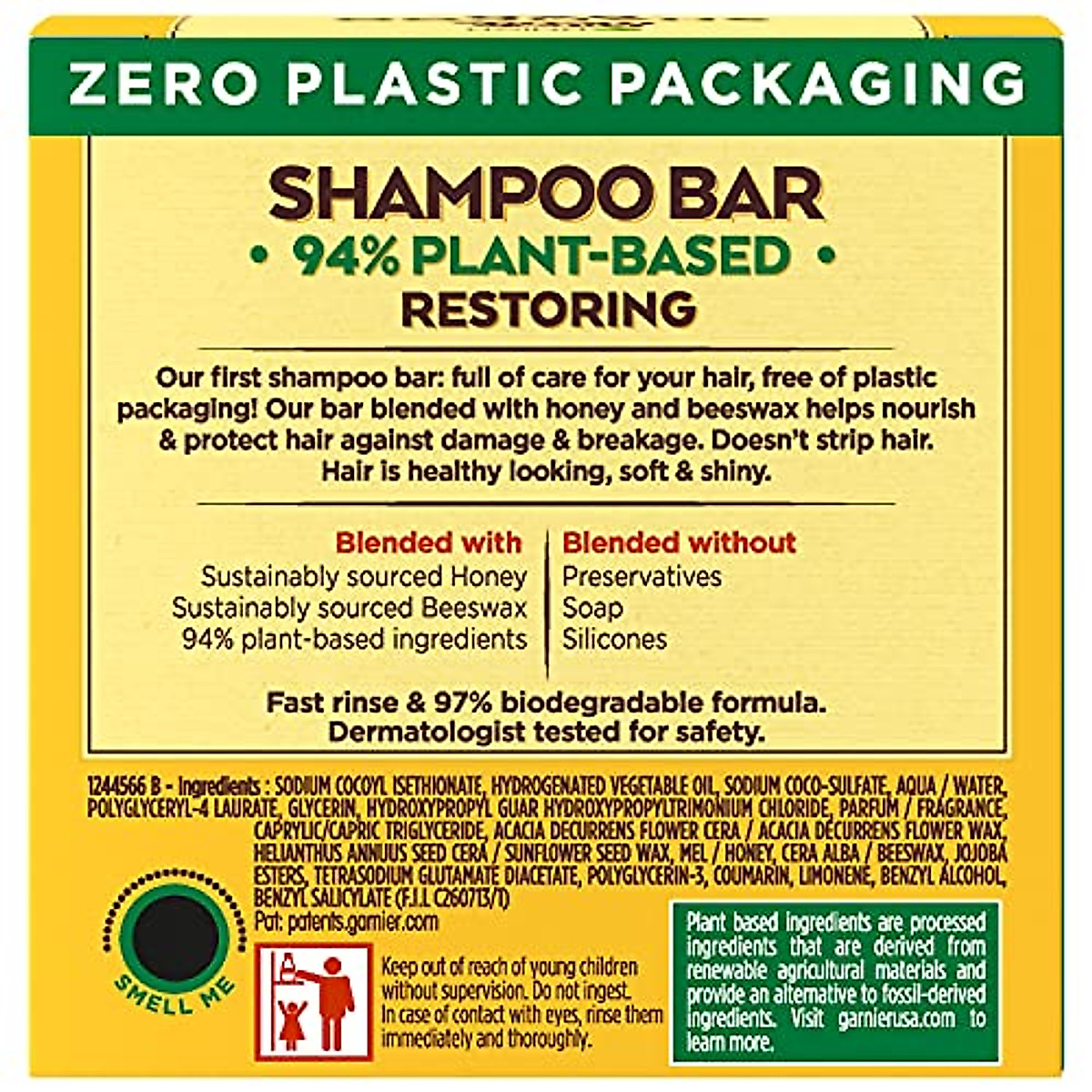 Garnier Whole Blends Honey Treasures Restoring Shampoo Bar for Dry, Damaged Hair, Zero Plastic Packaging, Free of Preservatives, Silicones, Soap, & Dyes, with Sustainably Sourced Honey & Beeswax, 2 Oz