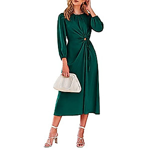 PRETTYGARDEN Women's 2023 Satin Maxi Dress Puff Long Sleeve Crewneck Cutout Casual A-line Long Flowy Dresses (Dark Green,X-Large)