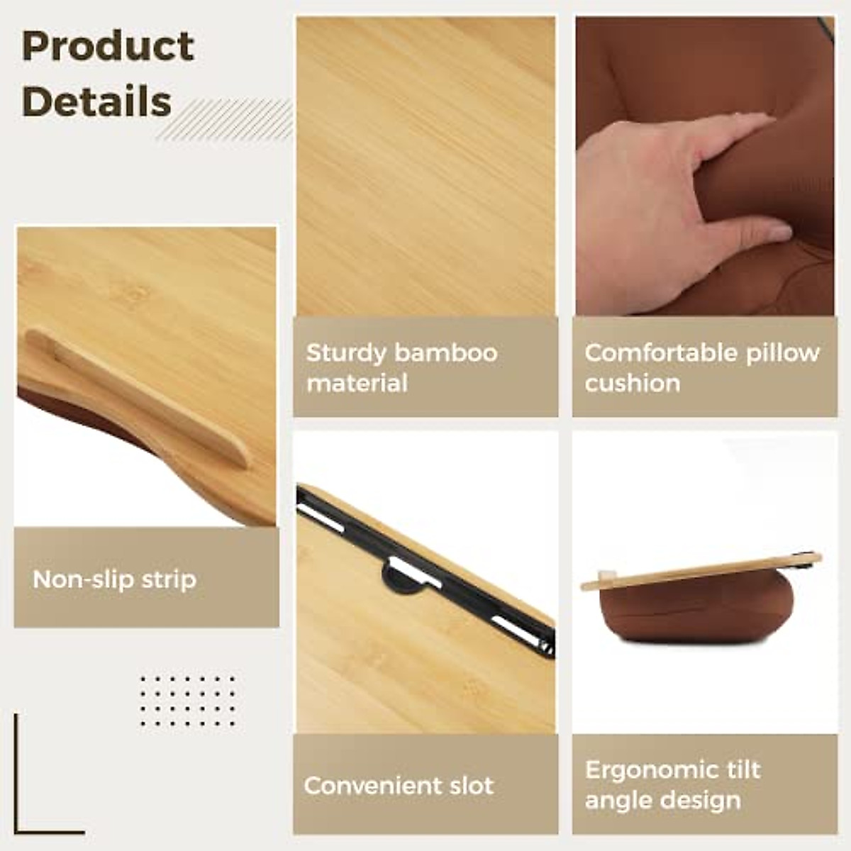 Lap Desk with Pillow Cushion, Portable Bamboo Laptop Stand with Slot for Tablet/Phone, Lightweight Laptop Desk Tray, Computer Bed Table for Home Travel, Support up to 14" Laptops