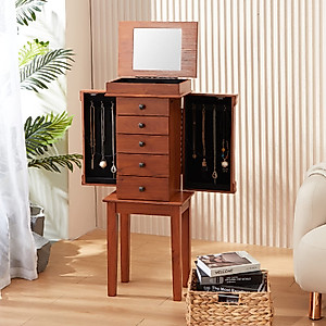 AVAWING Jewelry Cabinet Armoire with Top Flip Makeup Mirror, 5 Drawers&8 Necklace Hooks, Jewelry Storage Organizer with 2 Side Doors, Jewelry Armoire Box Chest with Top Organizer Compartment (Cherry)