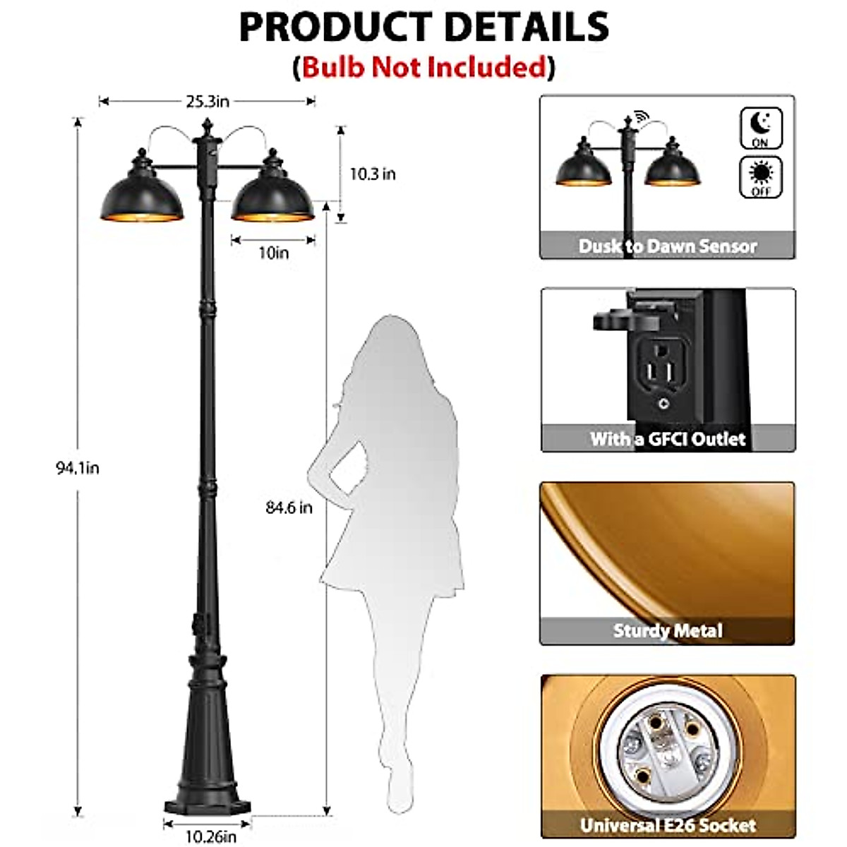 Dusk to Dawn Outdoor Lamp Post Lights with GFCI Outlet,Double-Head Farmhouse Street Light Fixture,Aluminum Exterior Black Pole Lights,Waterproof Lantern Lamp Outdoor Lighting for Garden,Patio,Pathway