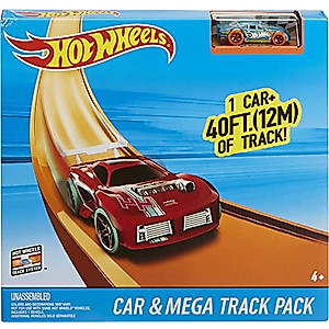 Hot Wheels Track Builder Car & MEGA Track Pack, 87 Component Parts for 40-Ft of Track & 1:64 Scale Toy Car [Amazon Exclusive]