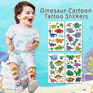 10 Sheets(120PCS) Dinosaur Temporary Tattoos for Kids Cartoon Fake Tattoo Stickers Cute Dinosaur Egg Tree Leaf Design Waterproof Body Art Tattoo Sticker for Kids Birthday Party Decoration Supplies
