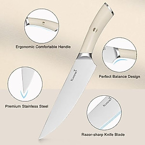 Kuisine Chef Knife Set Kitchen Utensil Set,High Carbon Stainless Steel Knife Set,Knife Block Set with Built-in Sharpener,Sharp Knife Set Forged,Elegant Gift(Ivory,15pcs）