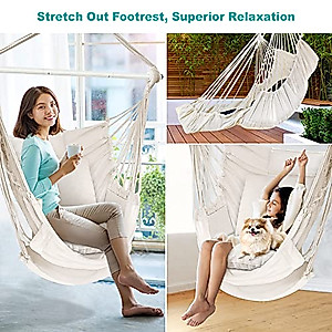 Outerman Hammock Chair, Hanging Chair with 3 Cushions and Foot Rest Support, Durable Metal Spreader Bar Max 500 Lbs, Swing Chair for Bedroom, Indoor & Outdoor, Patio, Porch or Tree（White）