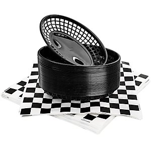 Kingrol 30 Black Oval Fast Food Baskets w/ 250 Black Checkered Deli Liners, 8.9 x 5.6 x 1.5 Inch Plastic Platter, Storage Basket Bin for Home, Office, School, Picnic