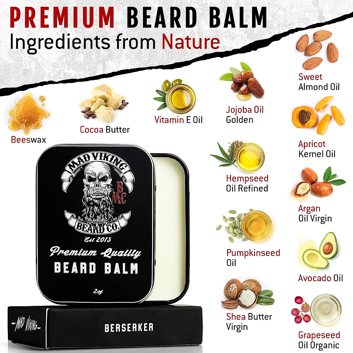 Mad Viking Beard Co. All-Natural, Premium Beard Balm, Strengthens, Softens Beards & Mustaches, Moisturizes Skin, Helps Relieve Acne & Dry Skin. Paraben, Sulfate & Cruelty-Free, 2oz (Valhalla)