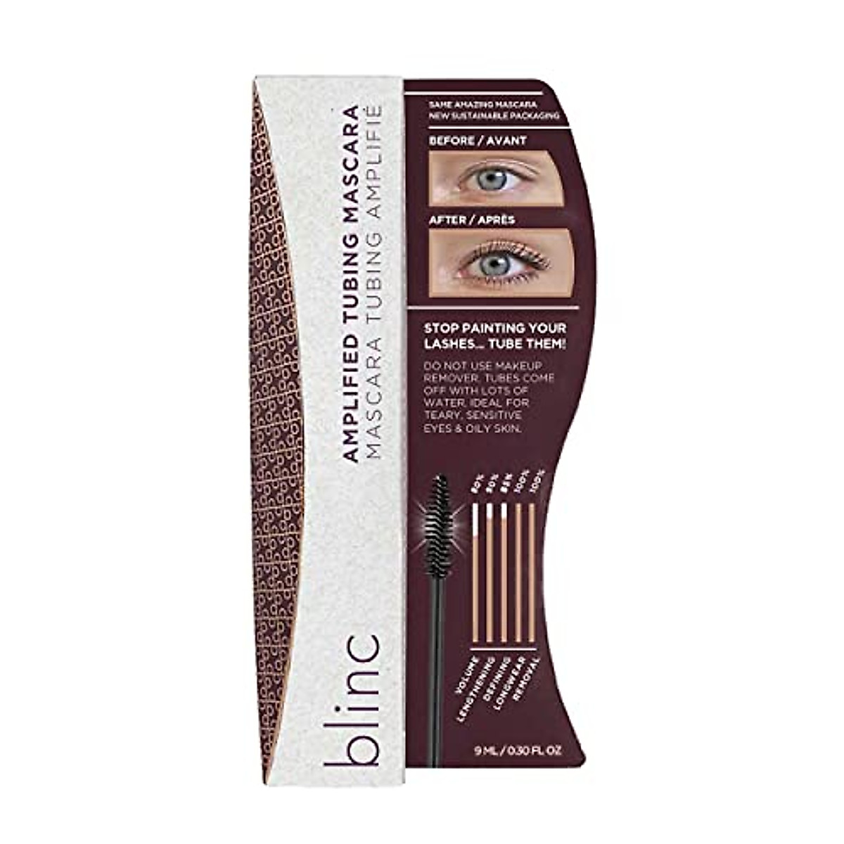 Blinc Amplified Tubing Mascara, Ultra-Longwearing Washable Mascara, Soft-Glam Volumizing, Lengthening and Defining Mascara, Gluten-Free and Cruelty-Free, Black, 9mL / 0.30 Fl. OZ